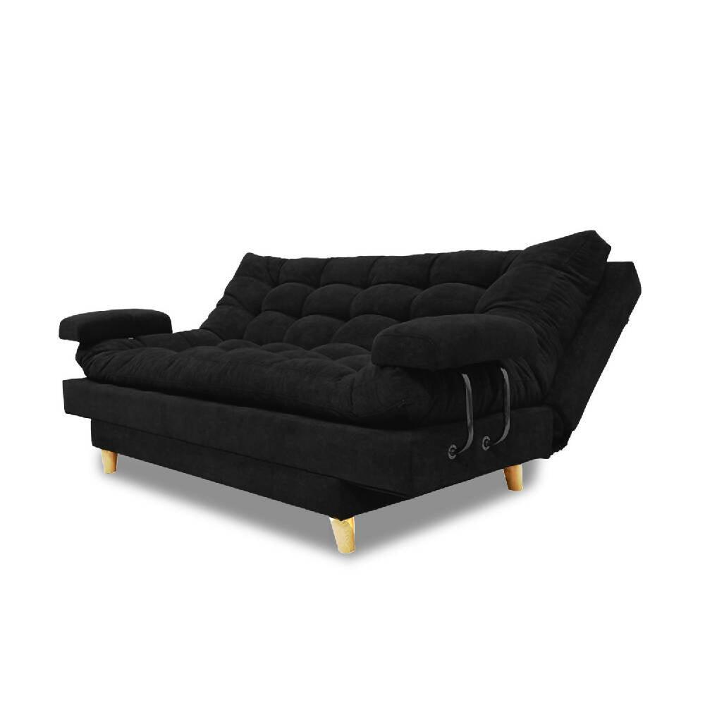 Sofá cama Nápoles lino negro, patas de madera - VIRTUAL MUEBLES
